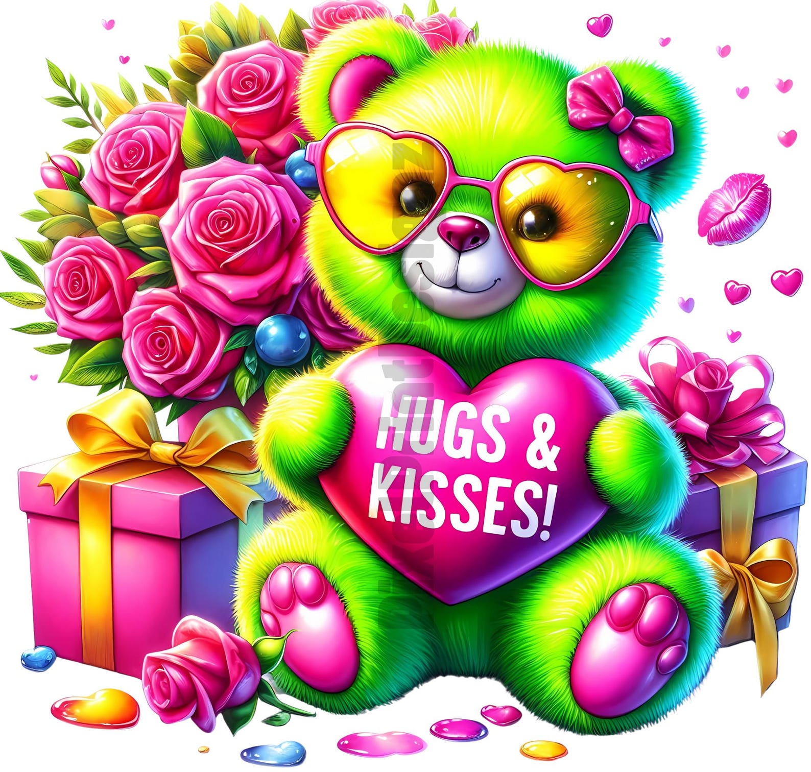Cute Teddy Bear Clipart Love Art Neon Colors Digital Art Valentine ...