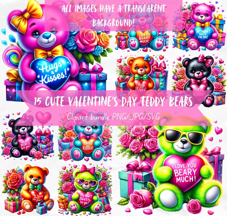 Cute Teddy Bear Clipart Love Art Neon Colors Digital Art Valentine ...