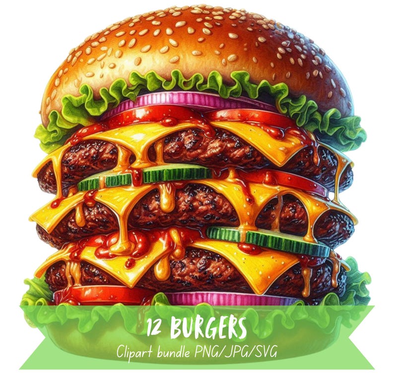 Burger Clipart Bundle, Watercolor High Detail Cheeseburger Graphics ...