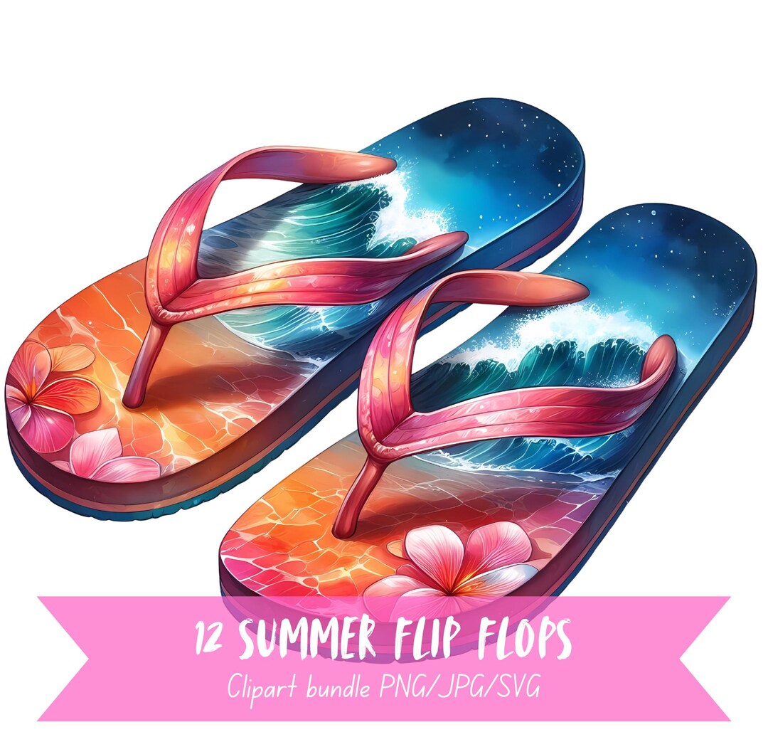 Summer Flip Flops Clipart Bundle, Watercolor Fun Beach Graphics ...