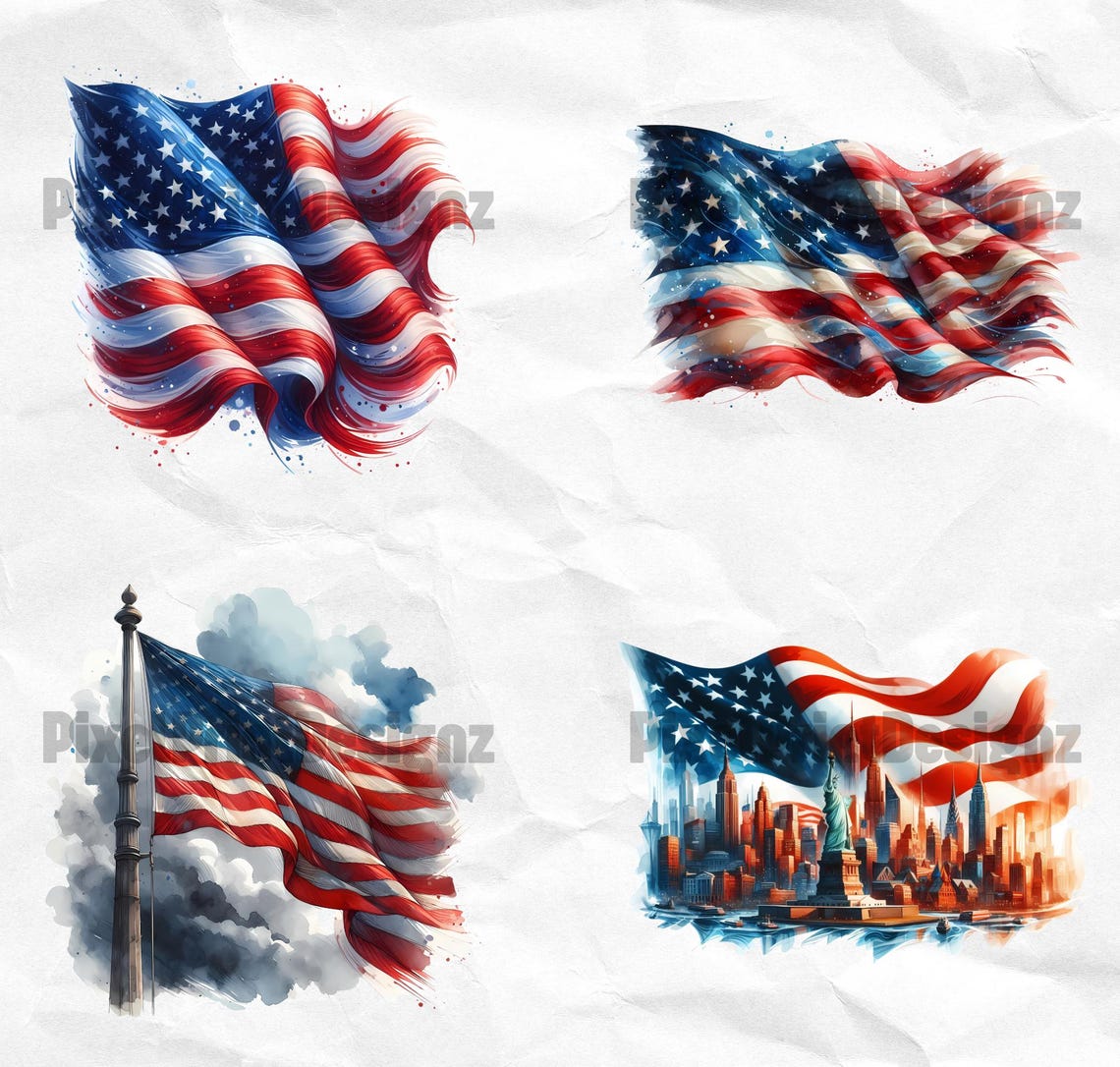 Watercolor American Flag Clipart Bundle American Flag Watercolor Style ...