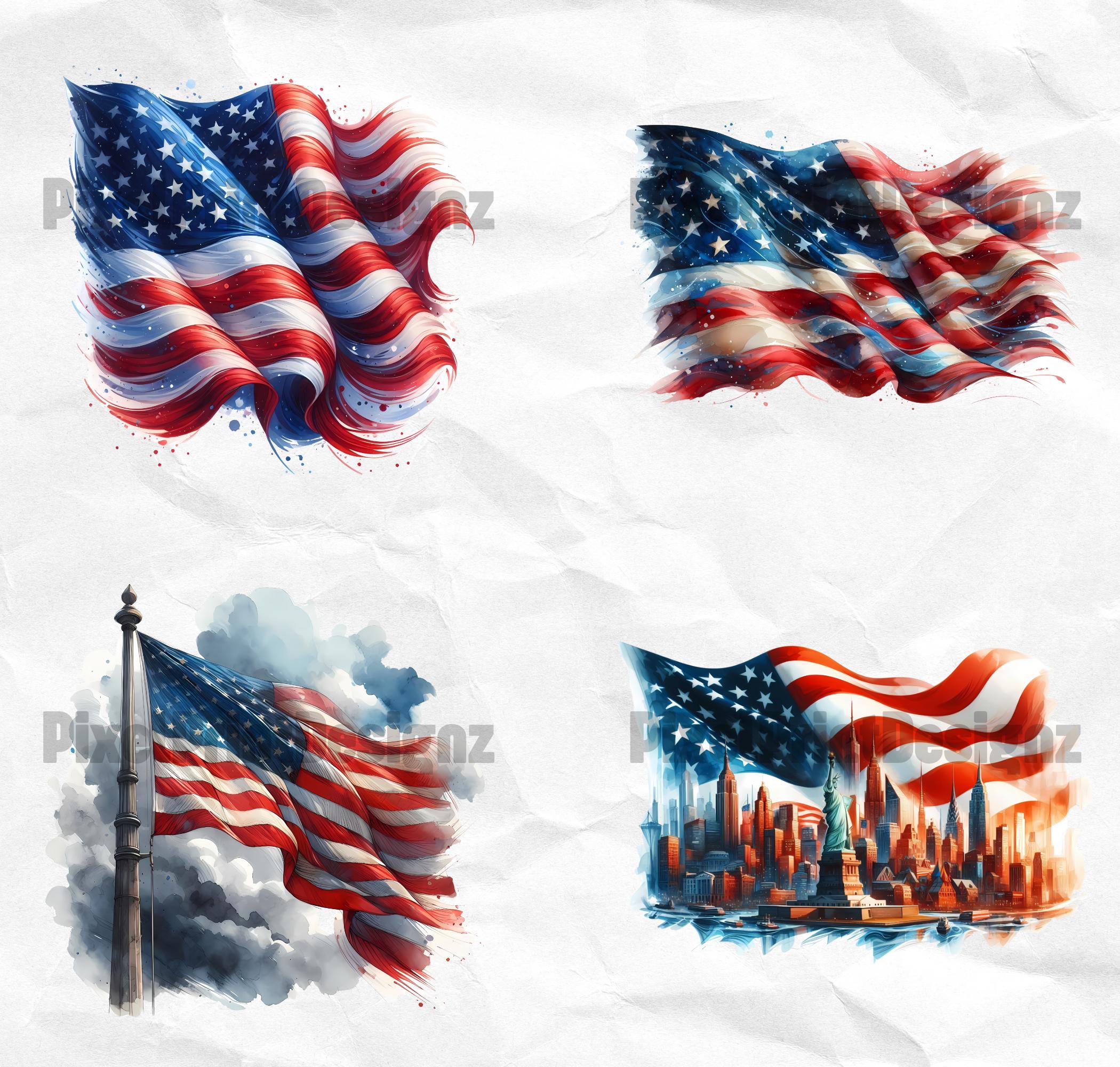 Watercolor American Flag Clipart Bundle American Flag Watercolor Style ...
