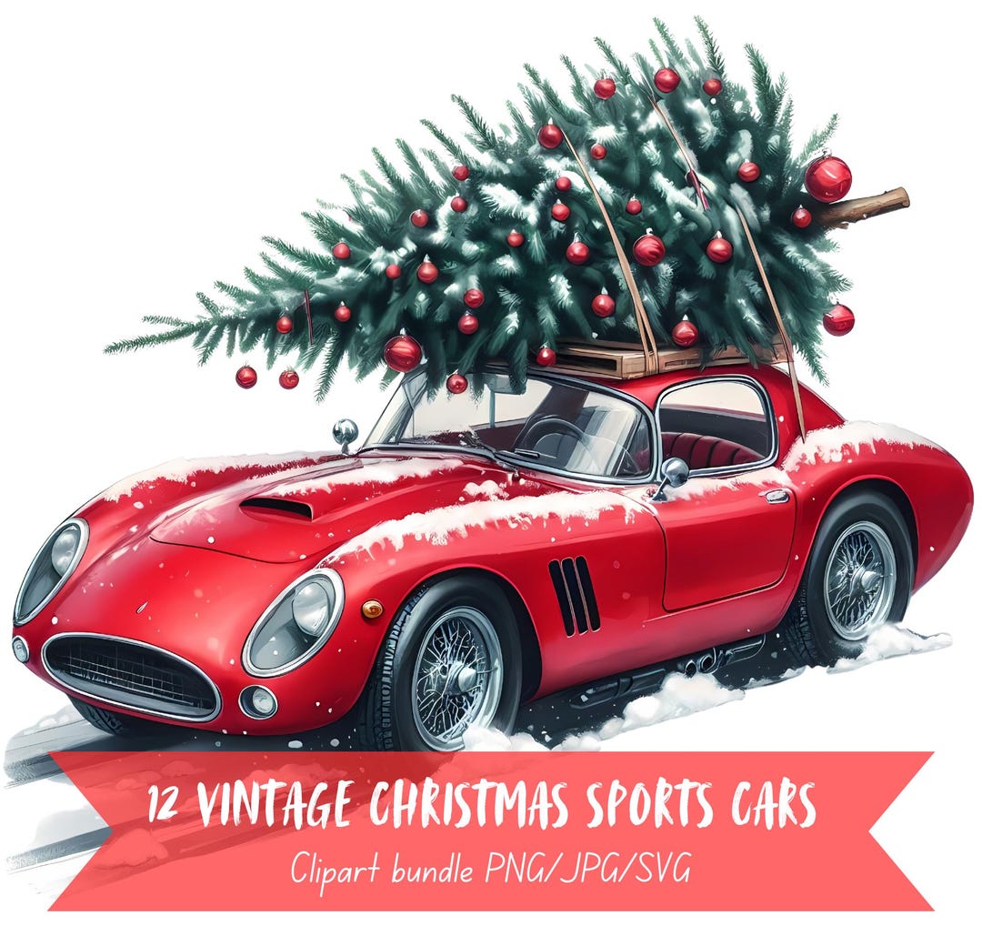 Vintage Xmas Sports Cars Clipart Bundle, Watercolor Images, Transparent ...