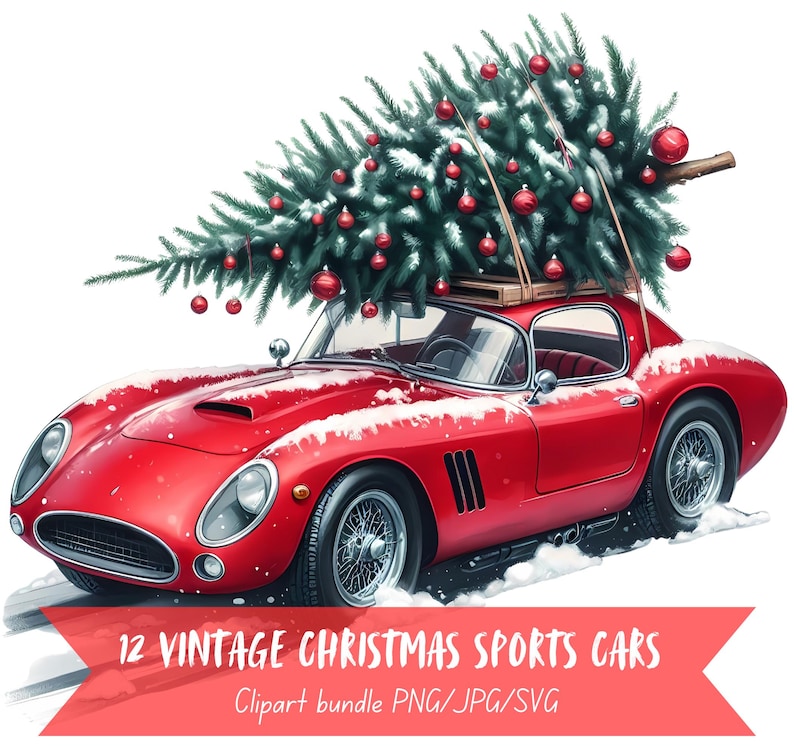 Vintage Xmas Sports Cars Clipart Bundle, Watercolor Images, Transparent ...