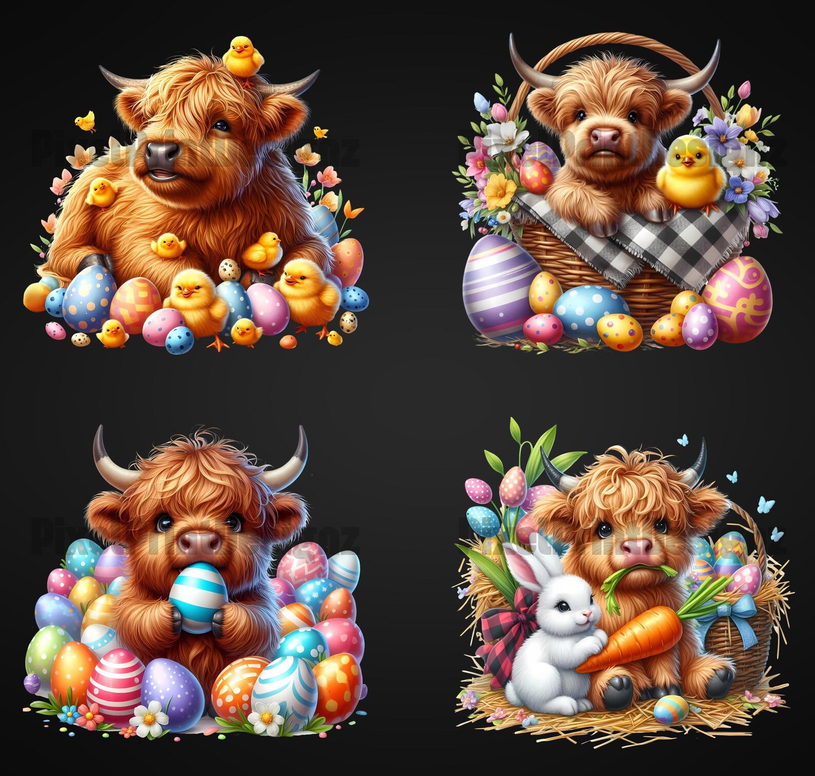 Highland Cow Easter Clipart Animal Cute Easter Clipart Watercolor ...