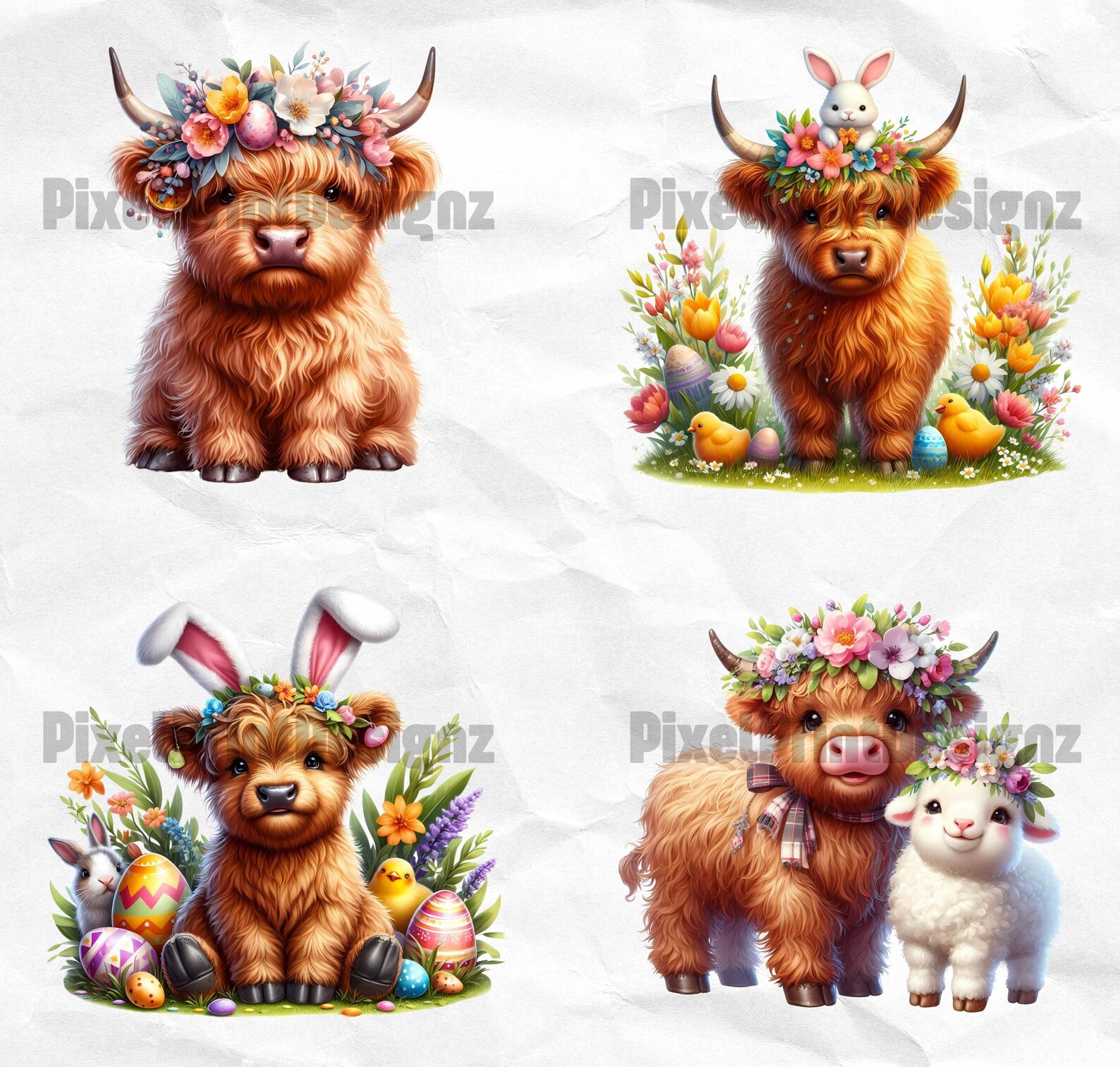Highland Cow Easter Clipart Animal Cute Easter Clipart Watercolor ...
