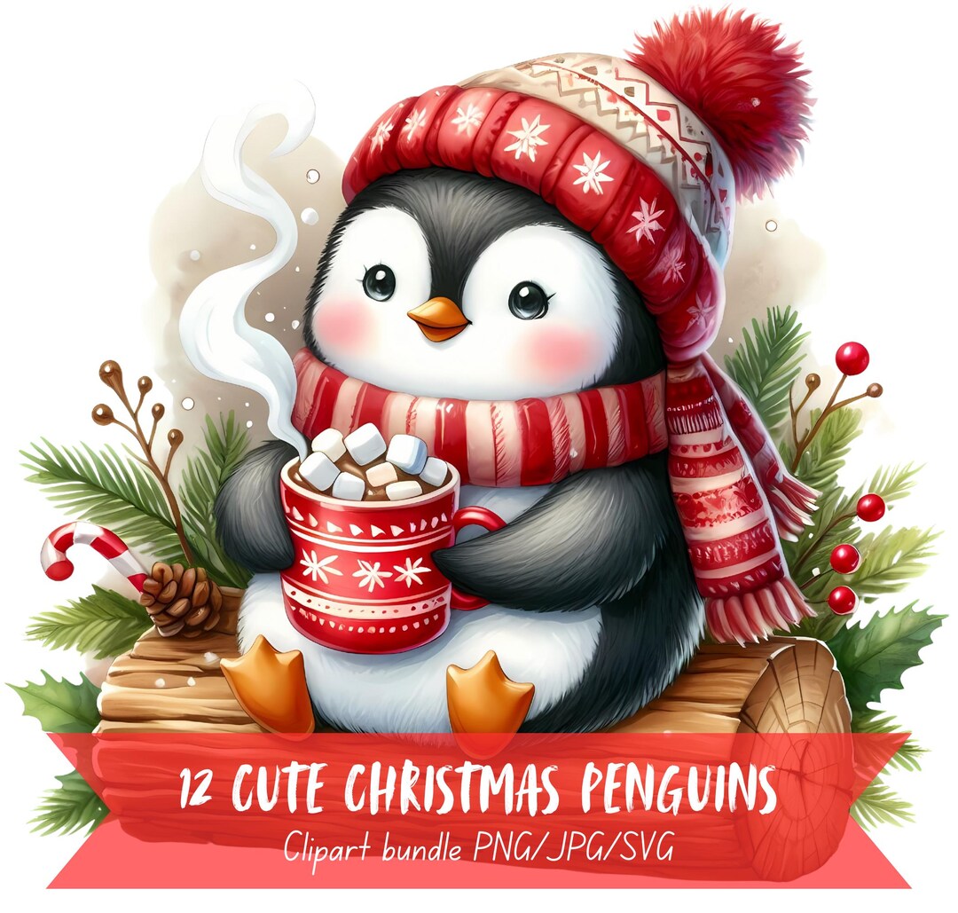 Cute Christmas Penguins Clipart Bundle, Watercolor Images, Merry ...