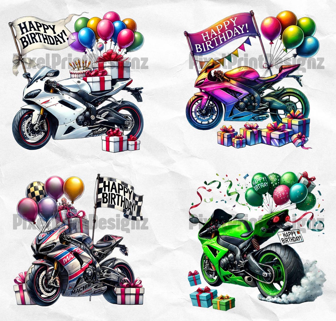 Happy Birthday Sports Motorcycles Clipart Bundle, Transparent ...