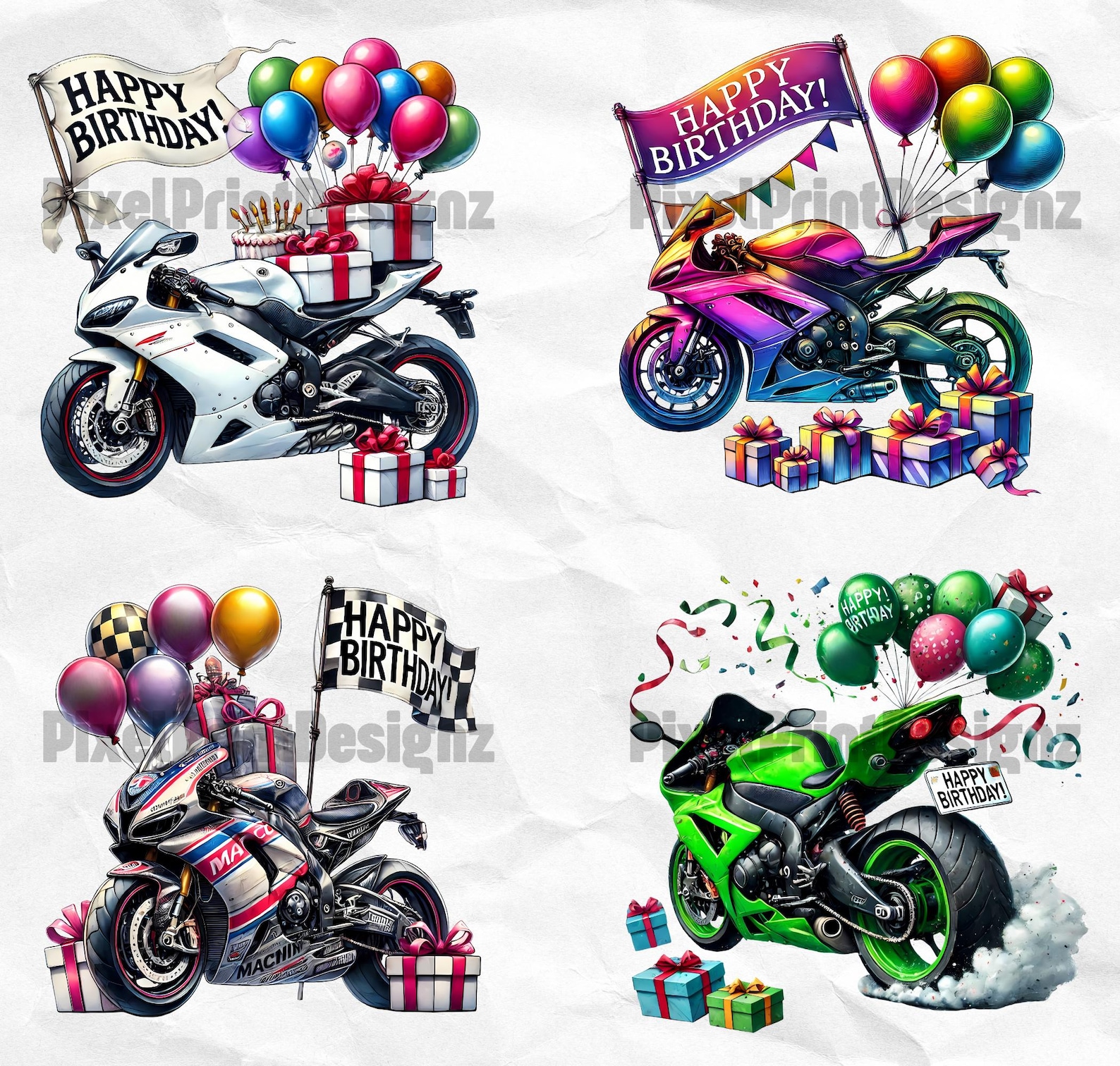 Happy Birthday Sports Motorcycles Clipart Bundle, Transparent ...