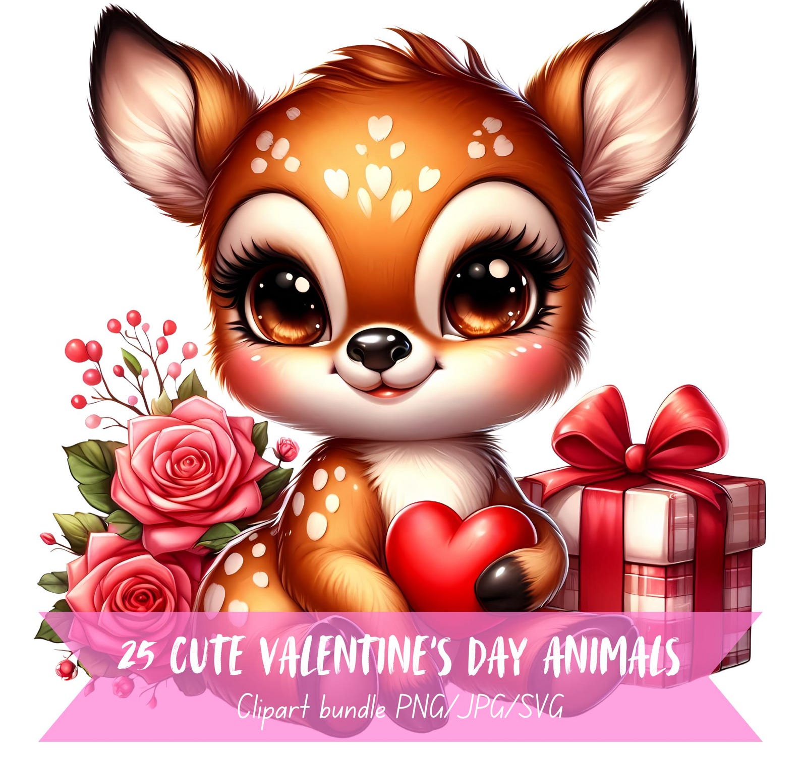 Cute Loving Animals Clipart Bundle, Watercolor Heart Rose Graphics ...