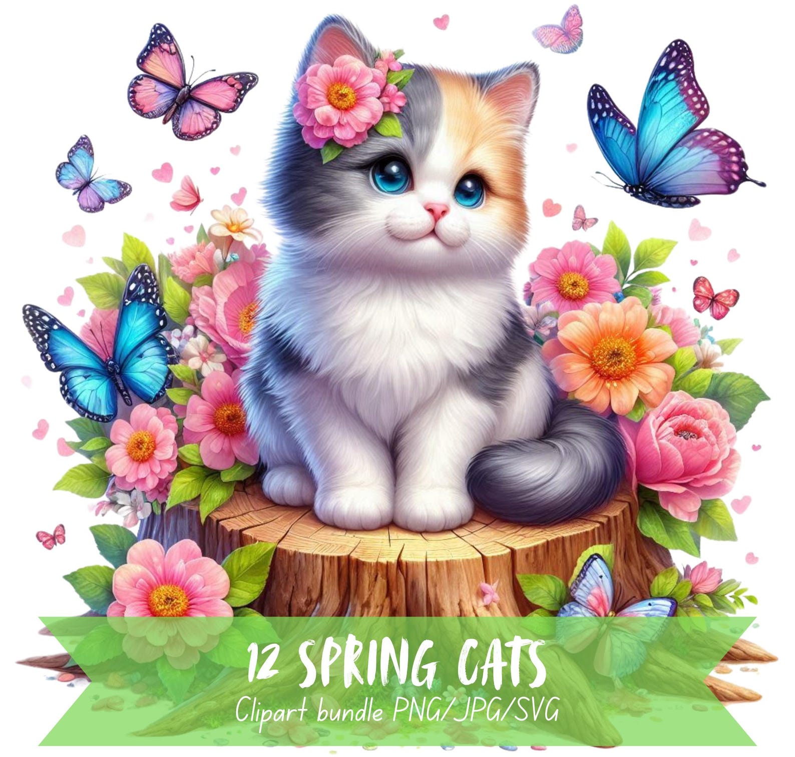 Cute Cat Spring Clipart Bundle Kitten Cute Flower Clipart Spring Cat ...