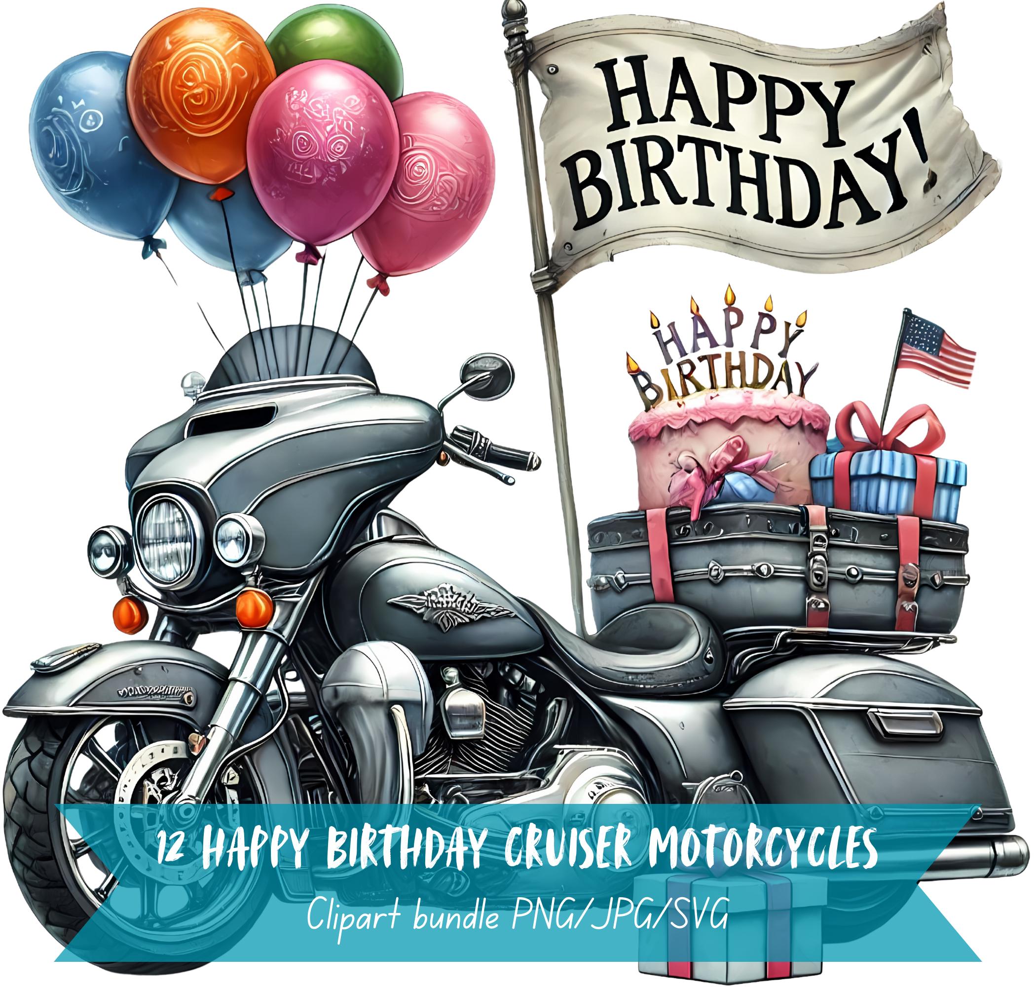 Happy Birthday Cruiser Motorcycles Clipart Bundle, Transparent ...