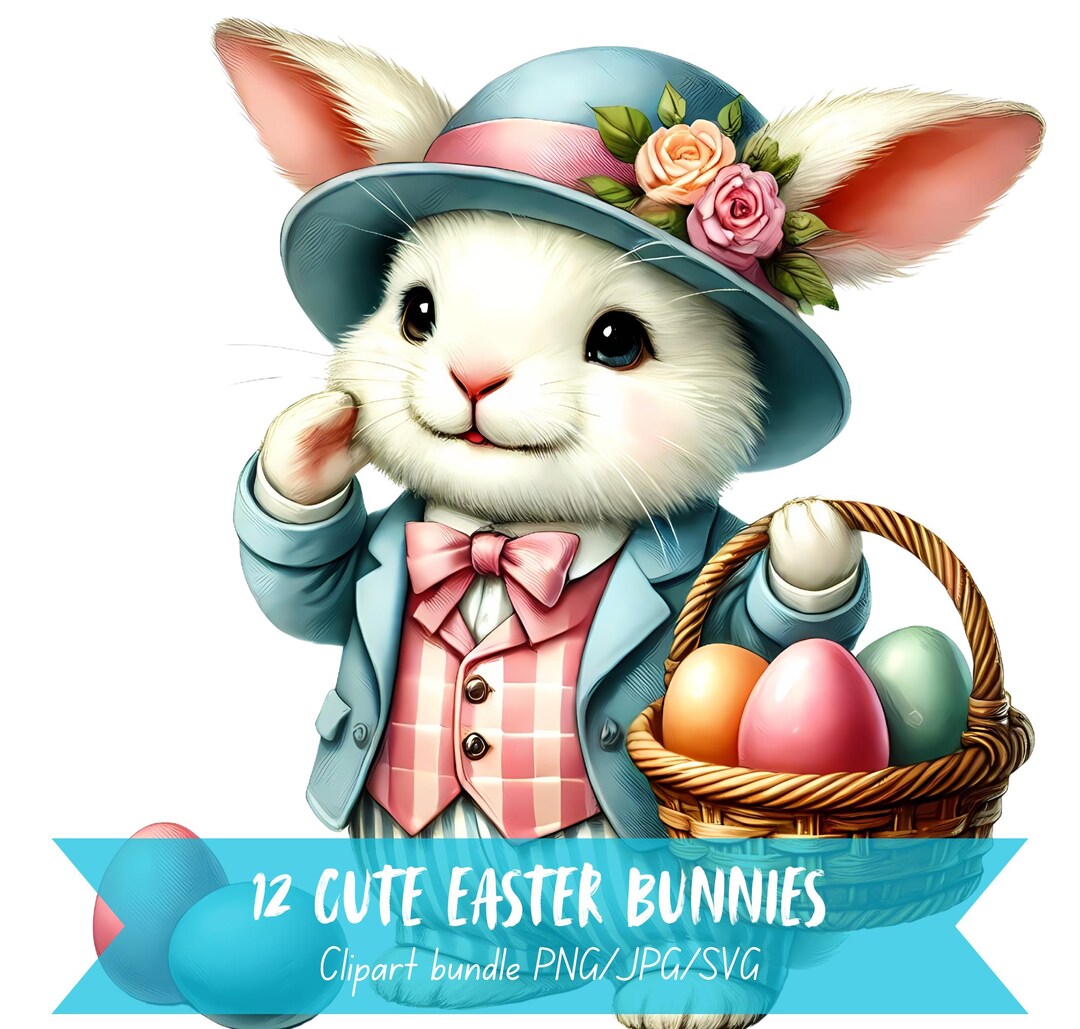 Cute Easter Bunny Clipart Bundle, Watercolor Vintage Graphics ...