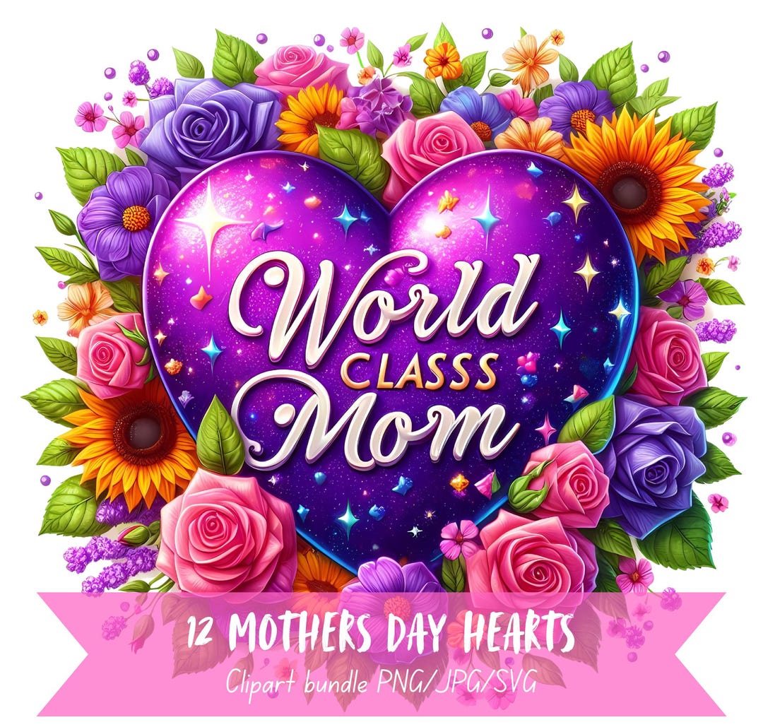 Mothers Day Heart Clipart Bundle, Love You Mom Glittery Graphic, 300 ...