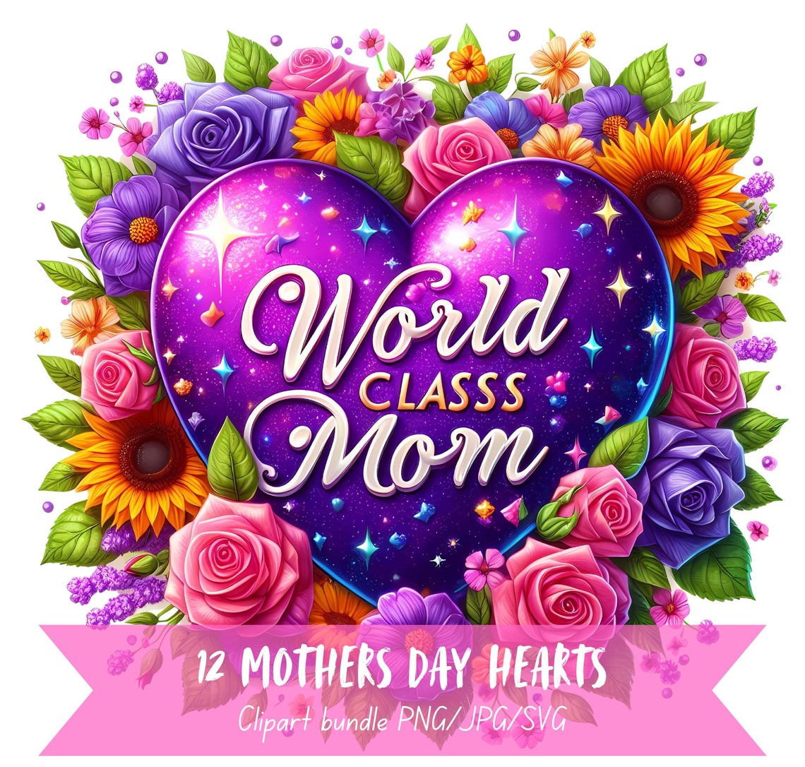 Mothers Day Heart Clipart Bundle, Love You Mom Glittery Graphic, 300 ...