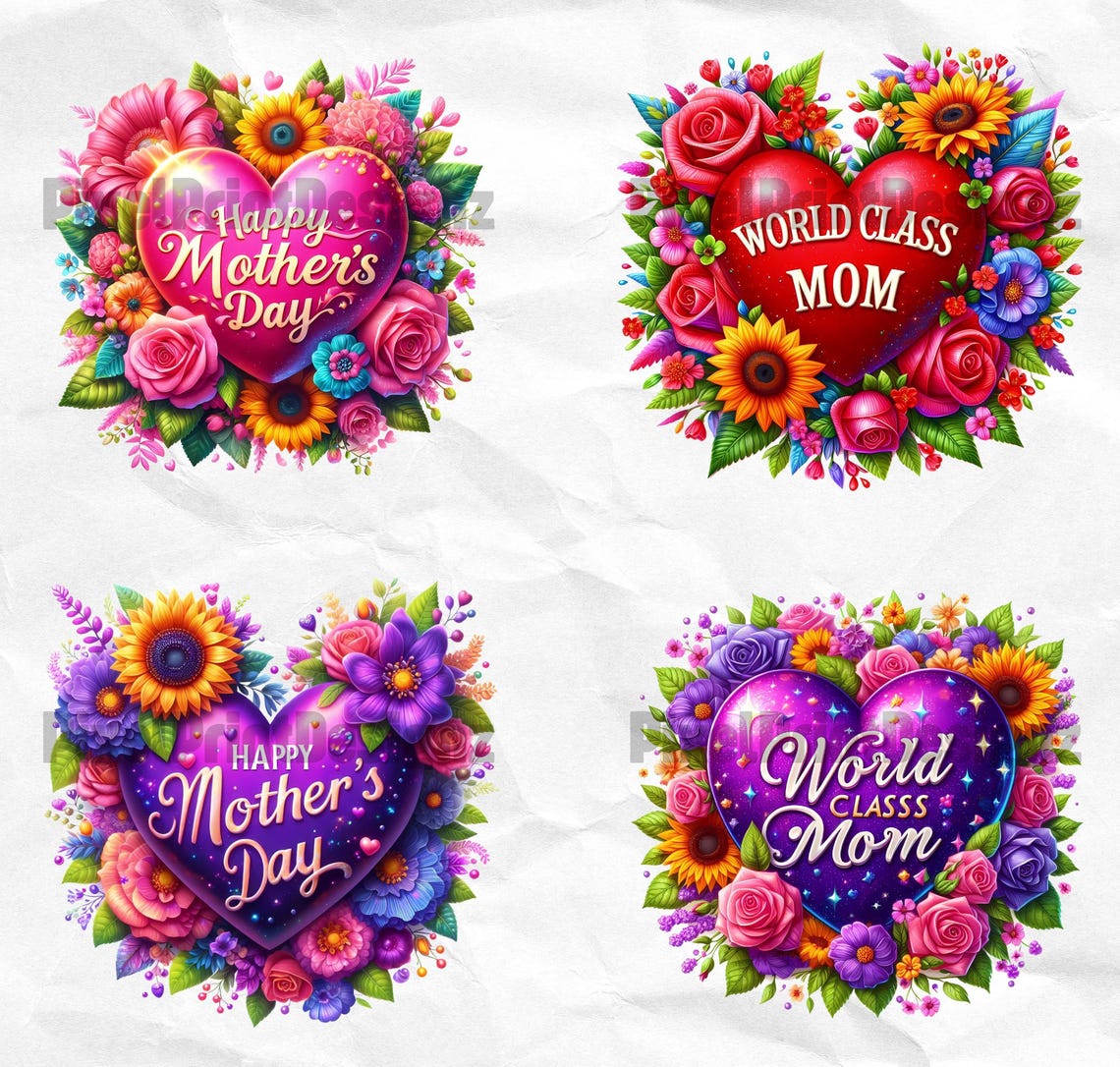 Mothers Day Heart Clipart Bundle, Love You Mom Glittery Graphic, 300 ...