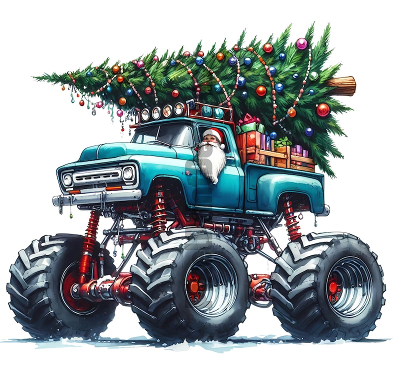 Christmas Monster Trucks Clip Art Bundle Watercolor Images