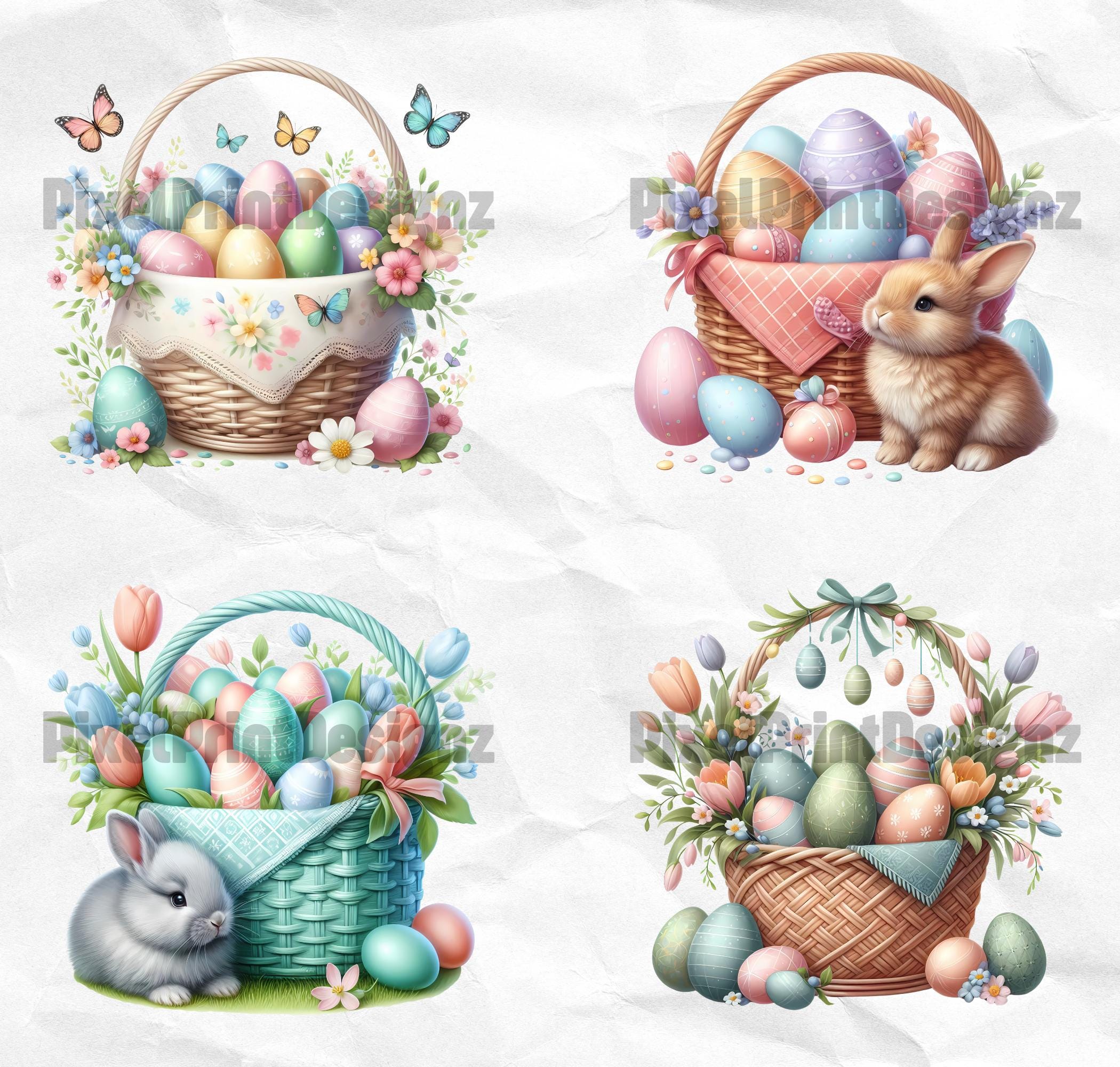 Cute Easter Basket Clipart Bundle, Pastel Color Chicks Graphics, Watercolor Bunny 300 DPI Images ...