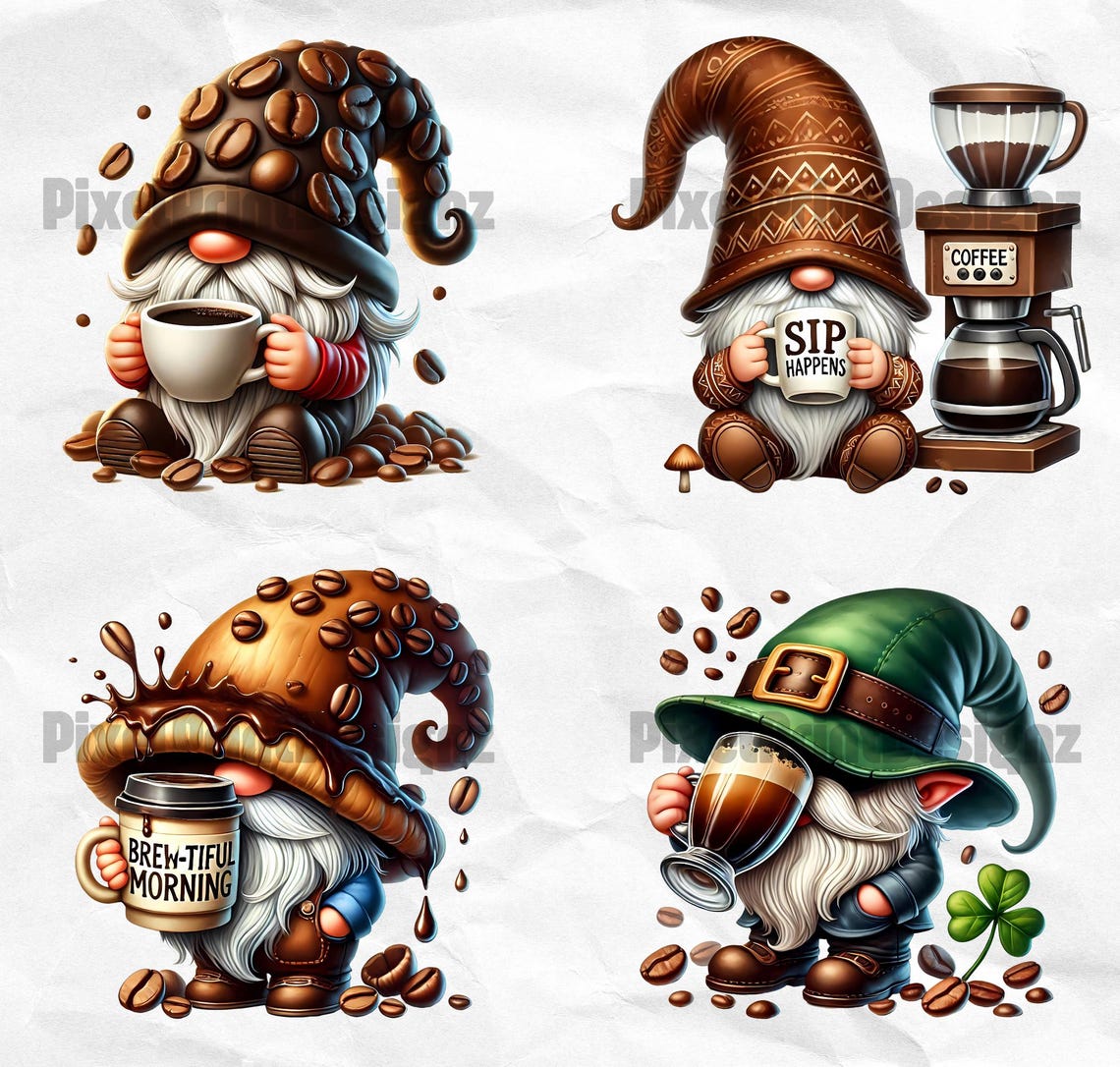Cute Coffee Gnomes Clipart Bundle Coffee Graphics Gnomes Creative Gift ...