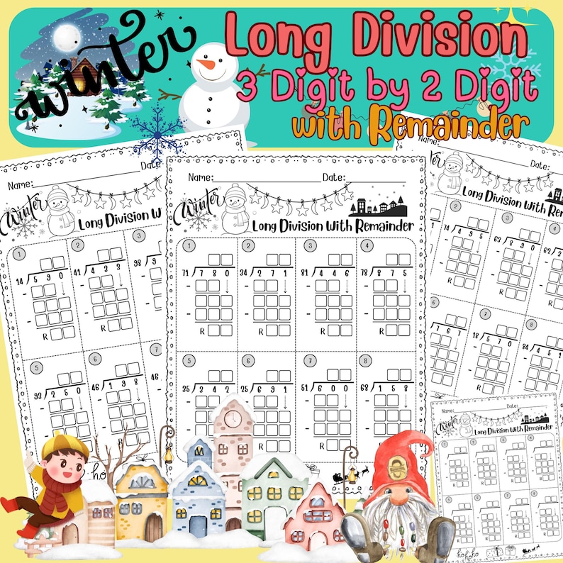 Winter Long Division: 3-digit by 2-digit With Remainders template ...