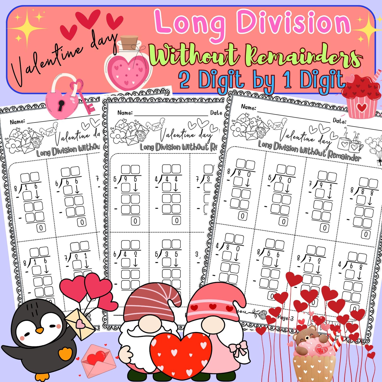 Valentine's Day Long Division Worksheets: 2-digit by 1-digit (no ...