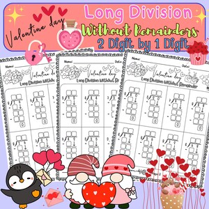 Valentine's Day Long Division Worksheets: 2-digit by 1-digit (no ...