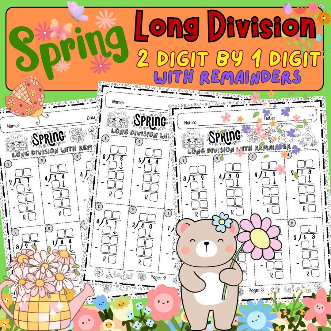Spring Long Division Worksheets | 2-digit by 1-digit | With Remainders ...
