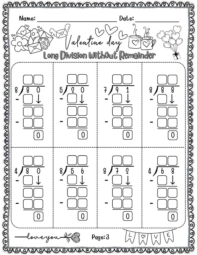 Valentine's Day Long Division Worksheets: 2-digit by 1-digit (no ...