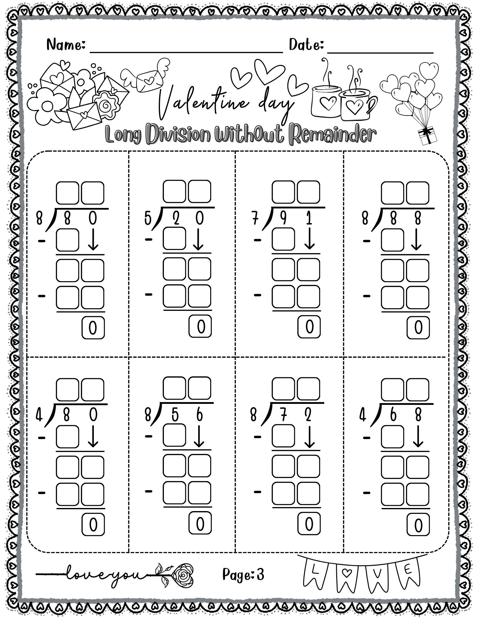 Valentine's Day Long Division Worksheets: 2-digit by 1-digit (no ...