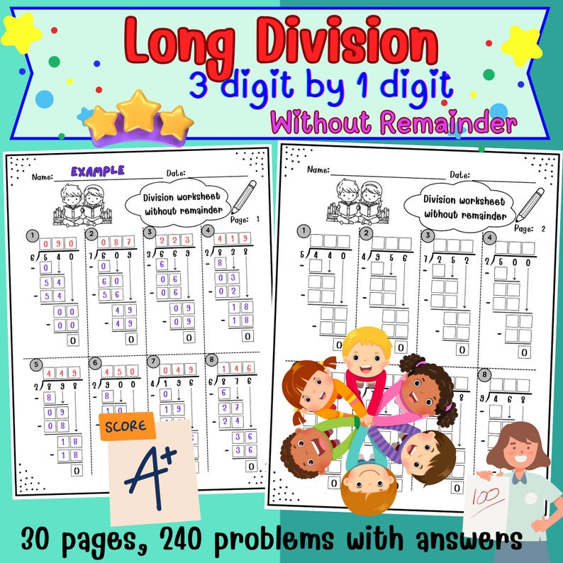 Long Division Worksheets: 3-digit by 1-digit (no Remainders) - Etsy