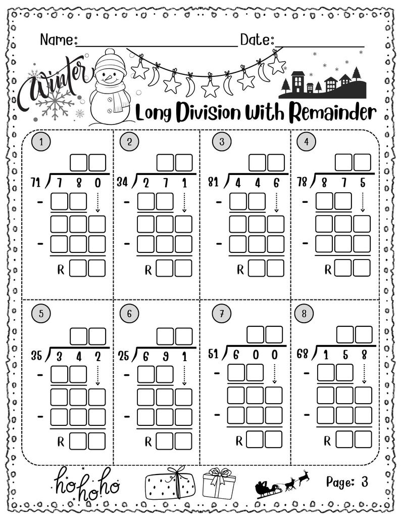 Winter Long Division: 3-digit by 2-digit With Remainders template ...