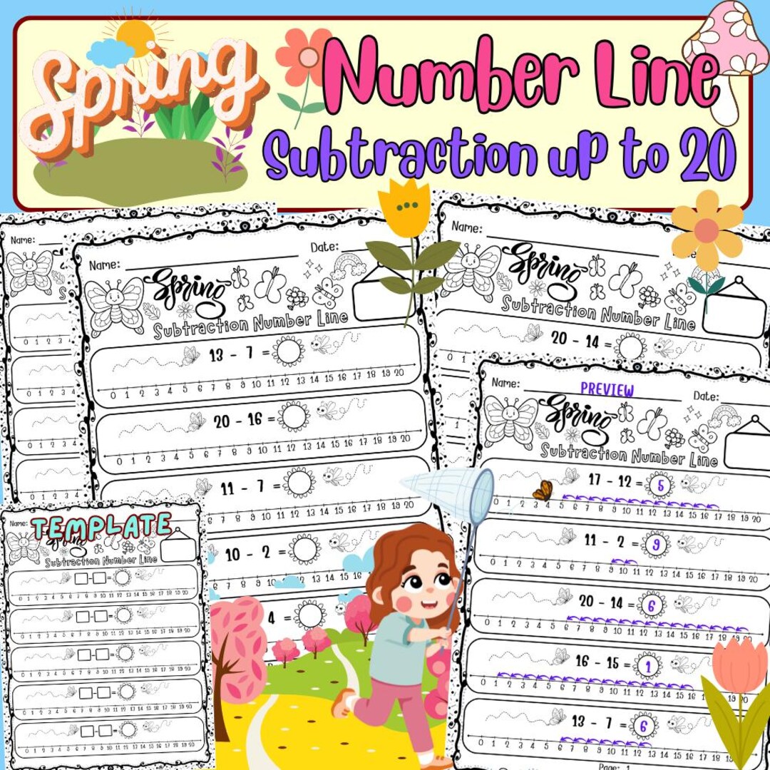 Spring Number Line Subtraction Worksheets | Subtraction up to 20 | Math ...