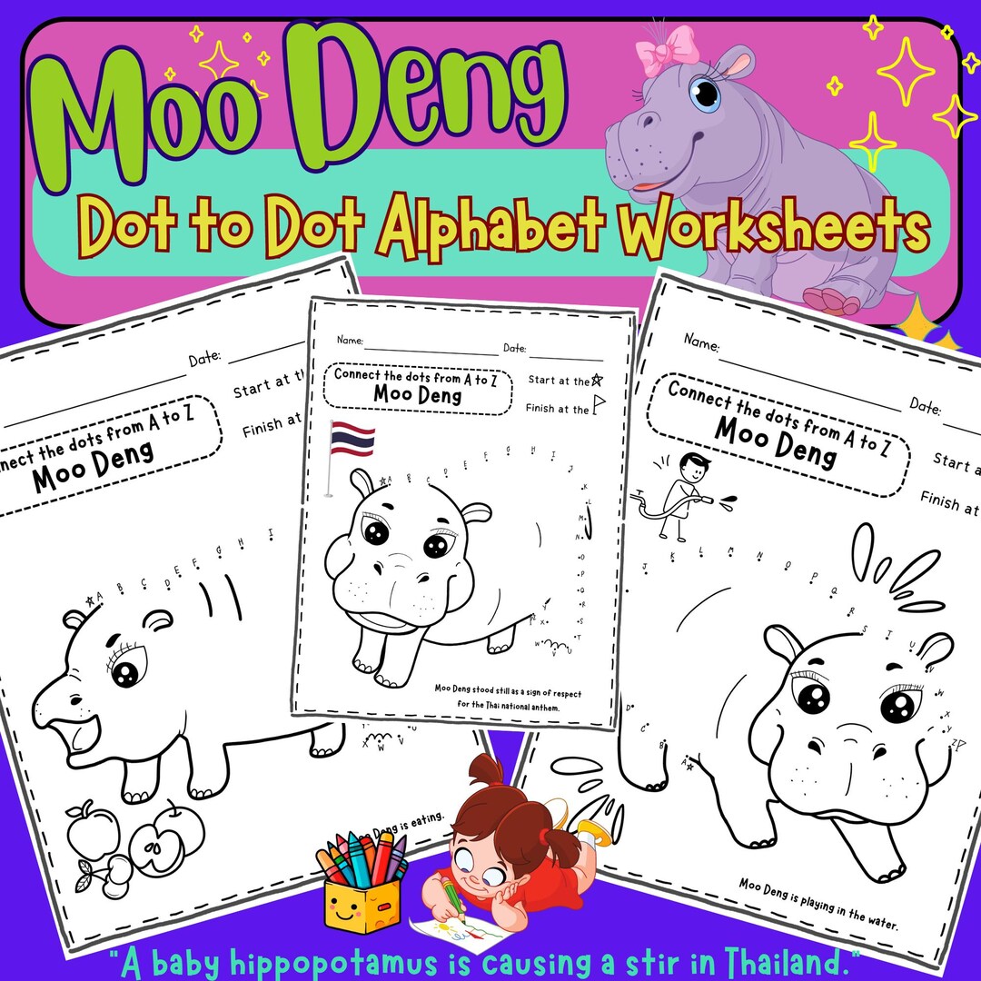 Moo Deng the Pygmy Hippo: Dot to Dot Alphabet Worksheets / Printable ...