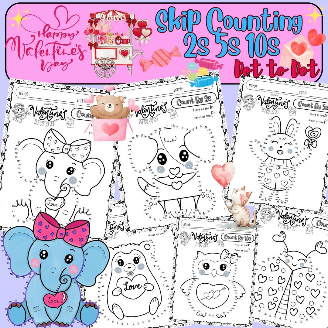 Valentine’s Day Dot to Dot, Connect the Dots, Skip Counting by 2s, 5s ...