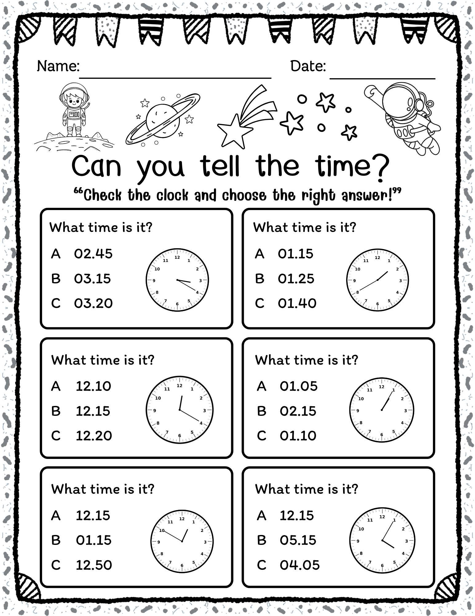 Telling Time Fun : Space-themed Clock Worksheets & Hands-on Activities ...