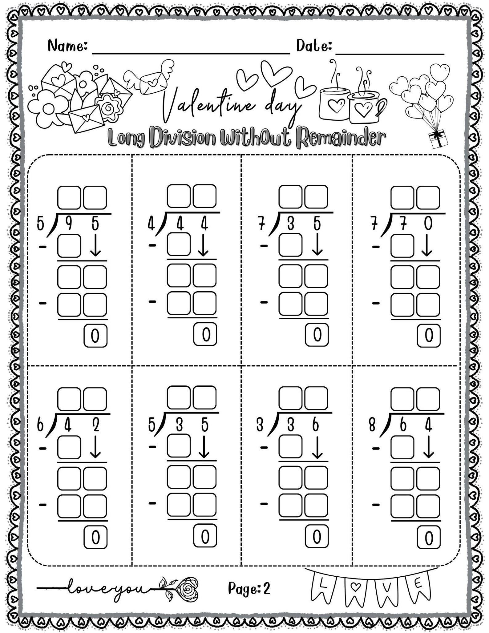 Valentine's Day Long Division Worksheets: 2-digit by 1-digit (no ...