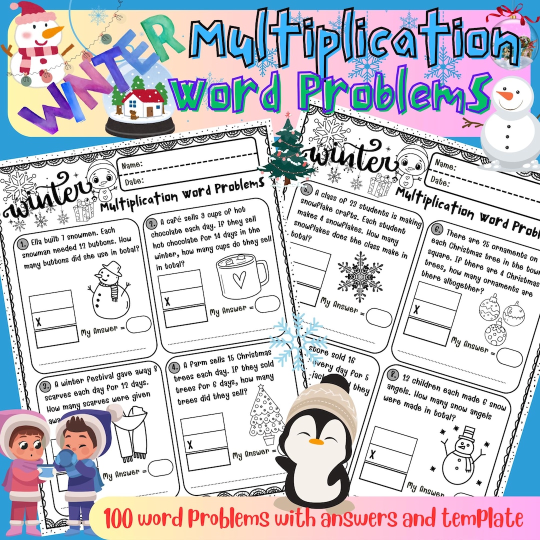 Winter Multiplication Word Problems: 2-digit by 1-digit Template ...