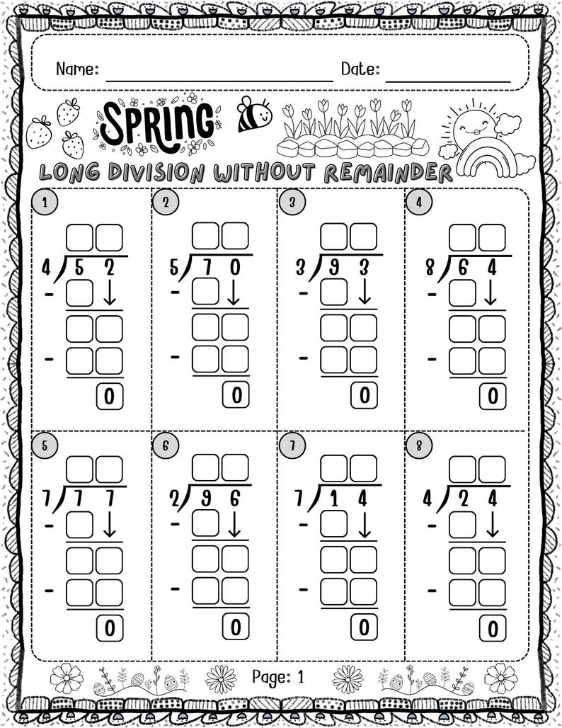 Spring Long Division Worksheets | 2-digit by 1-digit | No Remainders ...
