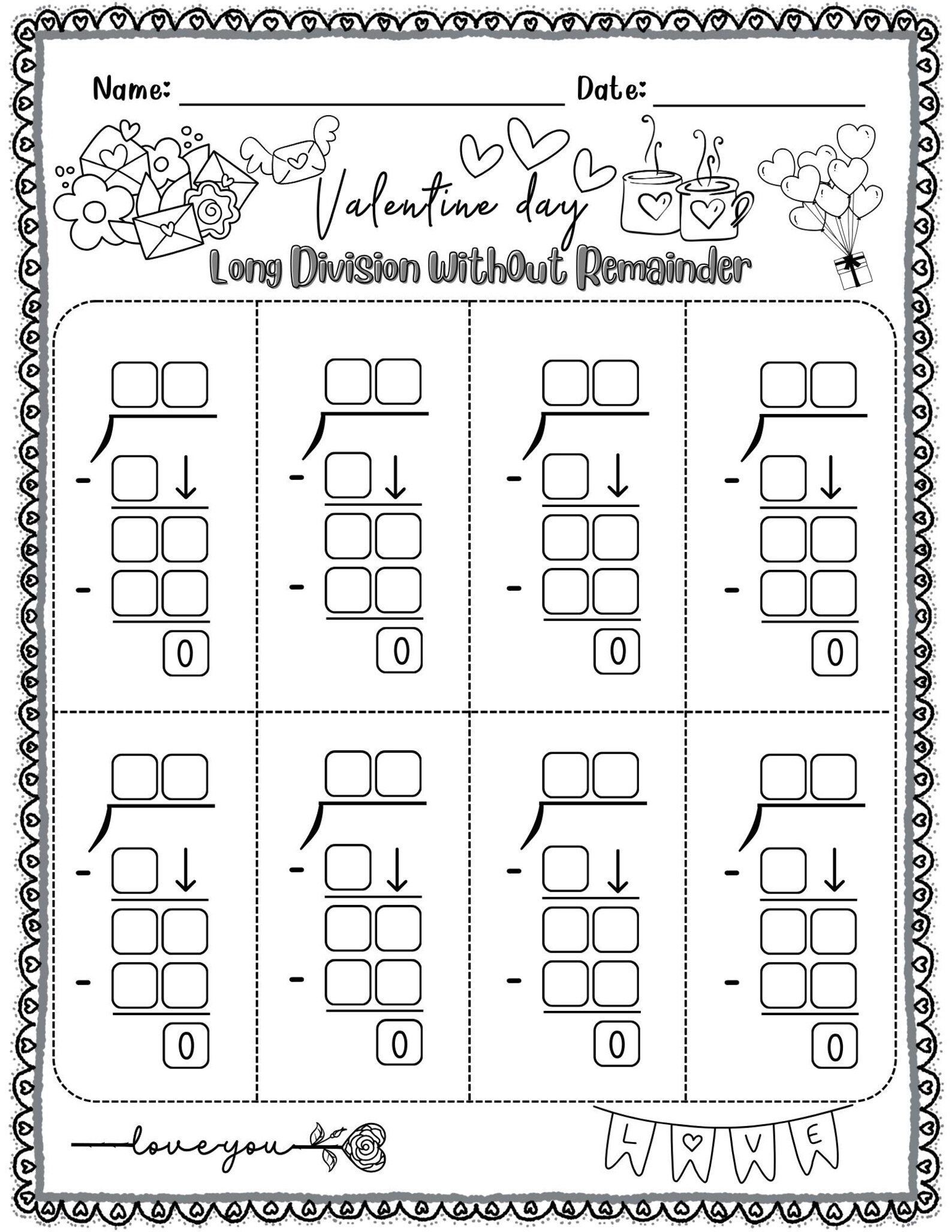 Valentine's Day Long Division Worksheets: 2-digit by 1-digit (no ...