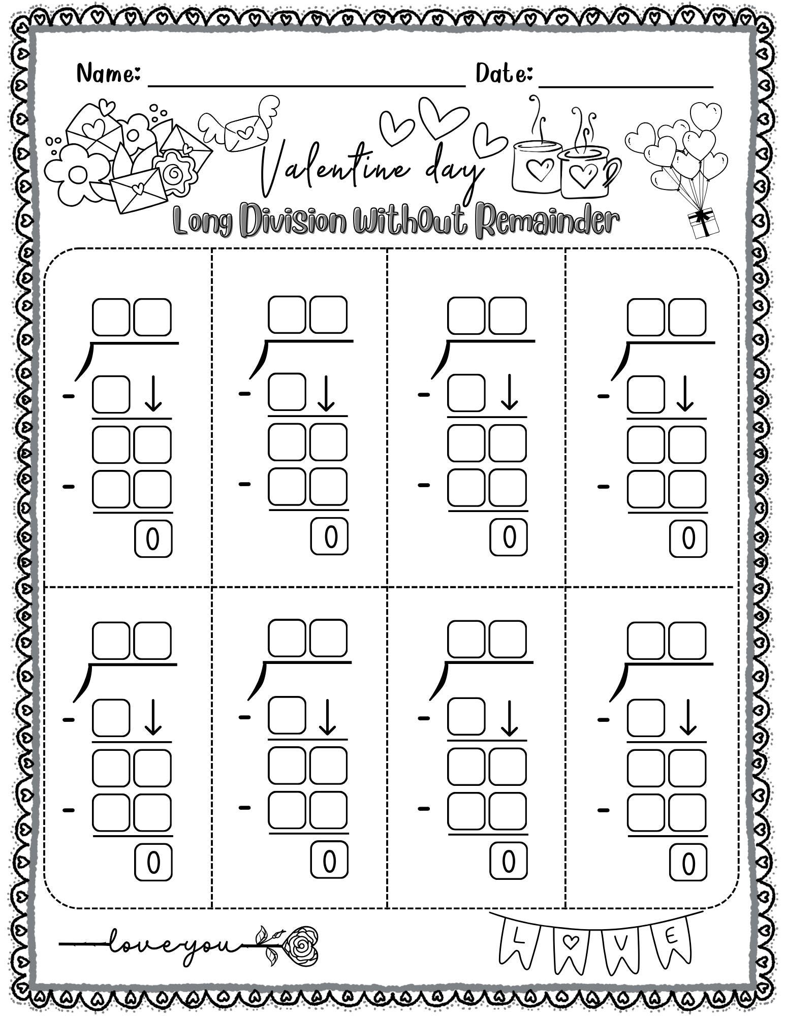 Valentine's Day Long Division Worksheets: 2-digit by 1-digit (no ...
