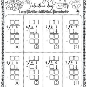 Valentine's Day Long Division Worksheets: 2-digit by 1-digit (no ...