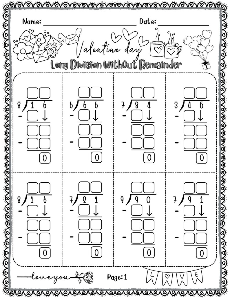 Valentine's Day Long Division Worksheets: 2-digit by 1-digit (no ...