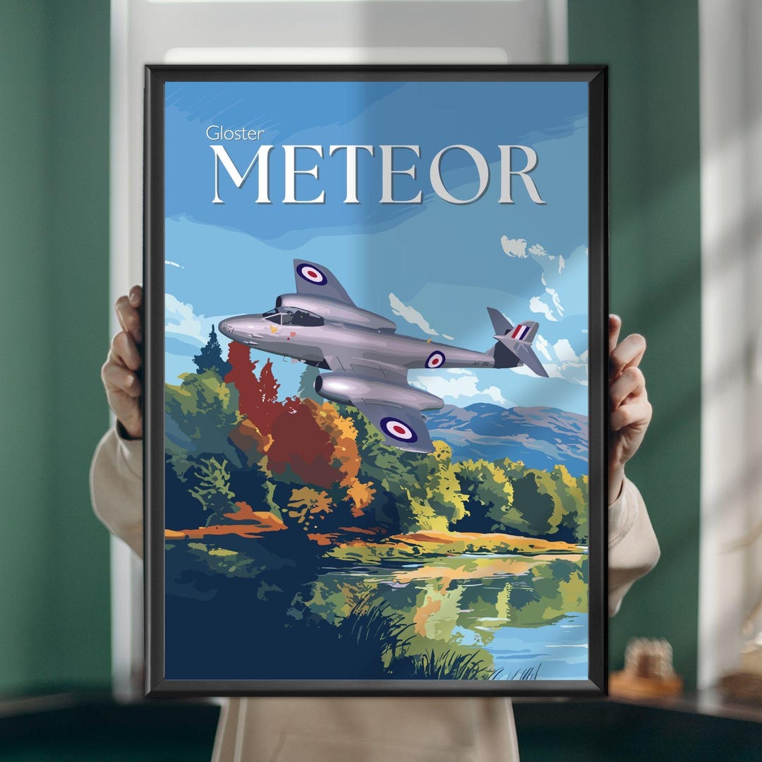 Gloster Meteor Jet Fighter Poster – Historic British Aircraft Over Lake ...