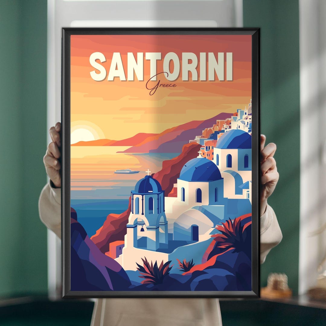 Santorini Travel Poster – Stunning Greek Island Art Print – Aegean Sea ...