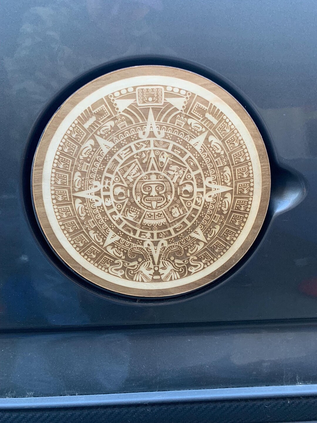 Laser Engraved Wooden Aztec Calendar Unique Vehicle Gas Cap Decor Car ...