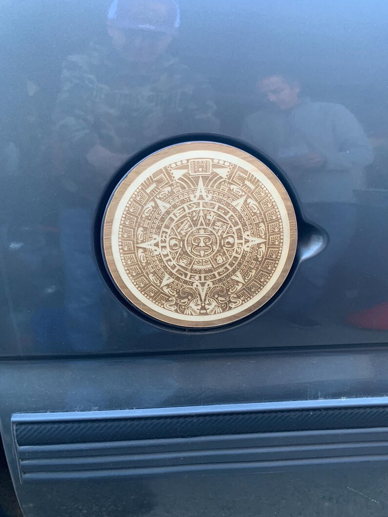 Laser Engraved Wooden Aztec Calendar Unique Vehicle Gas Cap Decor Car ...