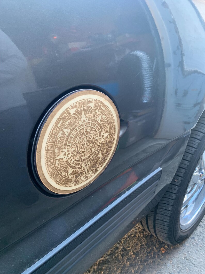 Laser Engraved Wooden Aztec Calendar Unique Vehicle Gas Cap Decor Car ...