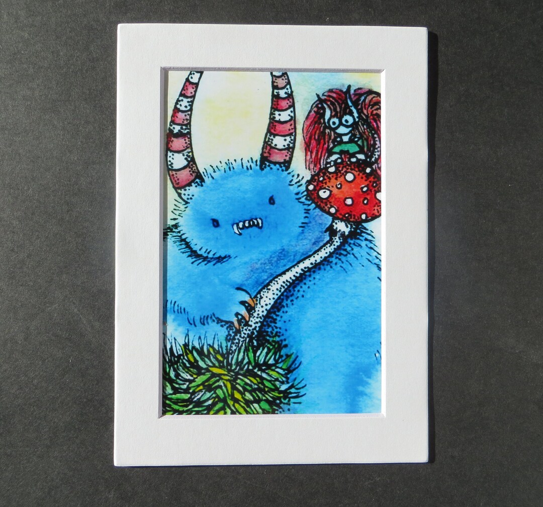 Blue Fuzzy Monster Matted Print of Pen & Ink by Kelly Green Whimsical ...