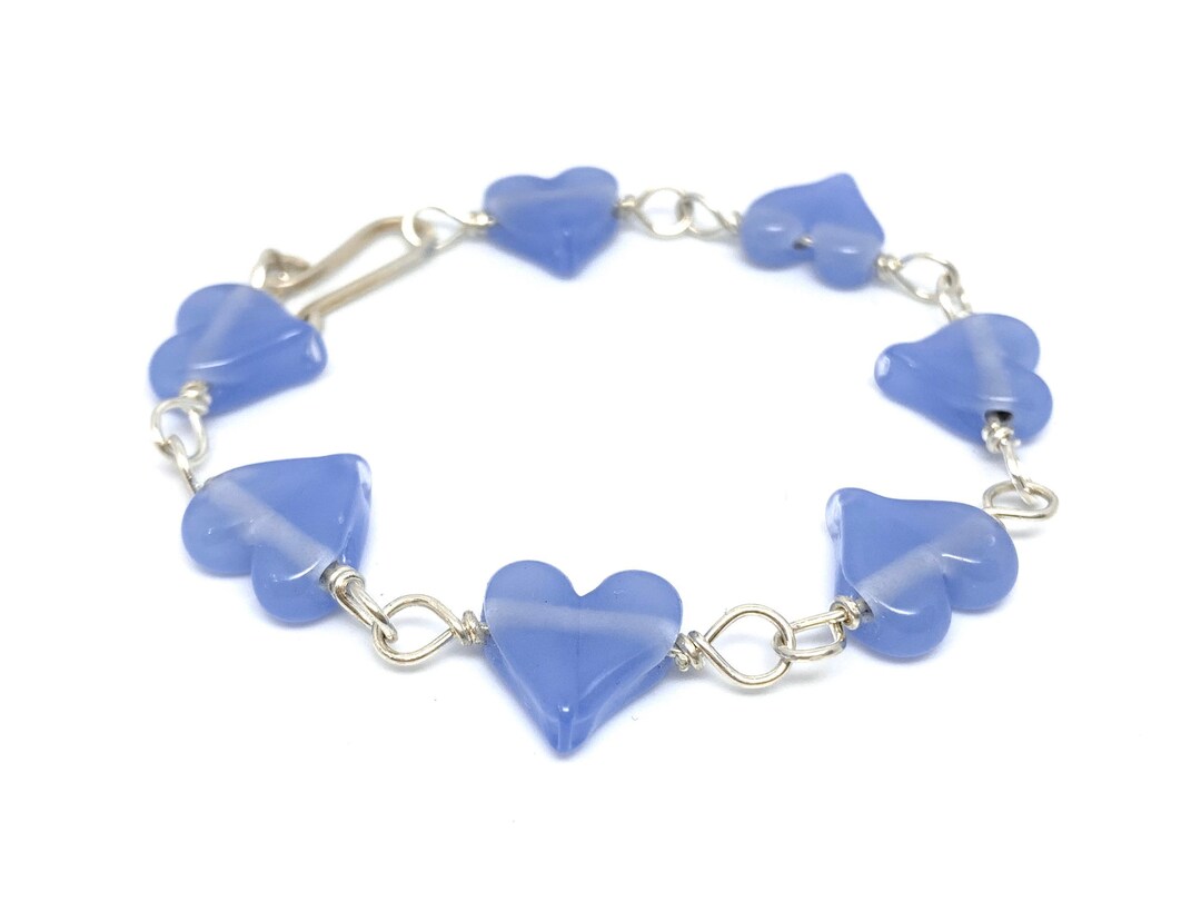 Periwinkle Blue Opaline Mini Heart Flameworked Glass Bracelet With ...