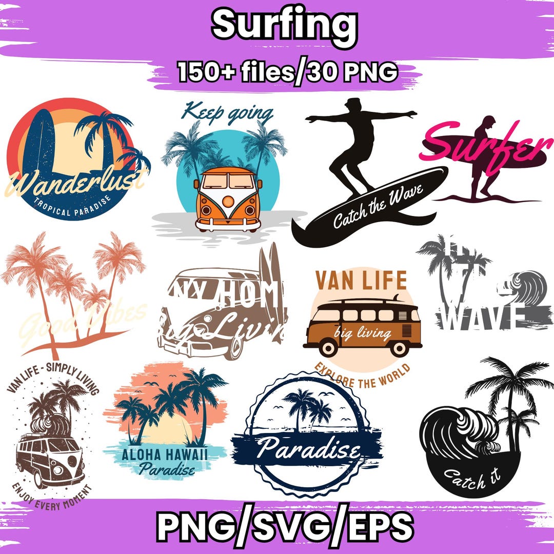 Surfing SVG Bundle | Surfboard , Wave SVG Designs | Beach & Ocean Cut ...